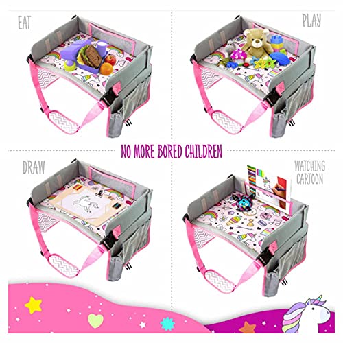 Thr33E Car Seat Kids Travel Tray - Travel Lap Desk Active Accessory for Child’s - Kids Tablet iPad Holder Stand Art Storage Pockets (Pink)