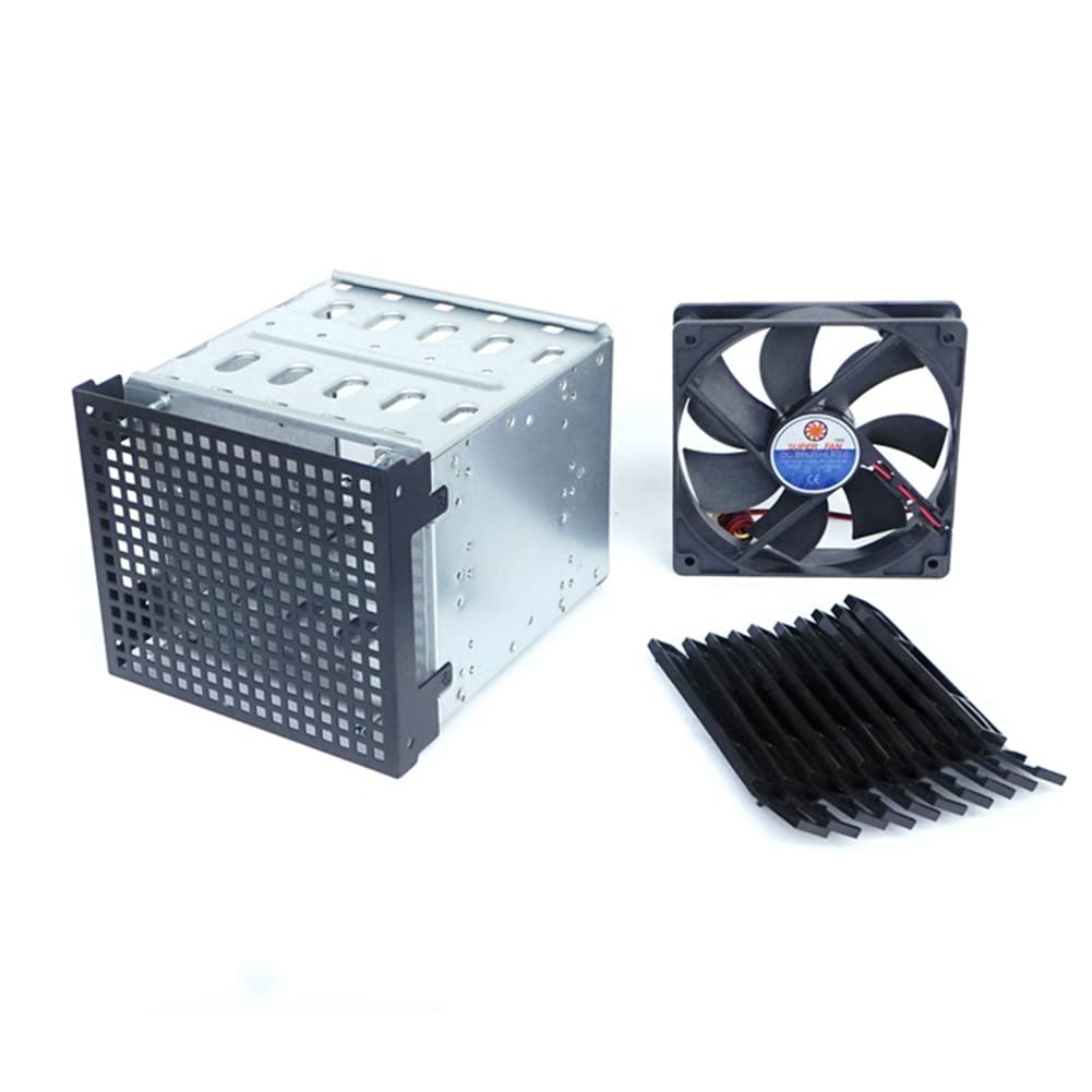 Abledance Storage Expansion Hard Drive Cage DIY Hard Drive Disk Cage Rack 5.25 Inch to 5X 3.5Inch Bracket with 12cm Fan, Silver (500239571)