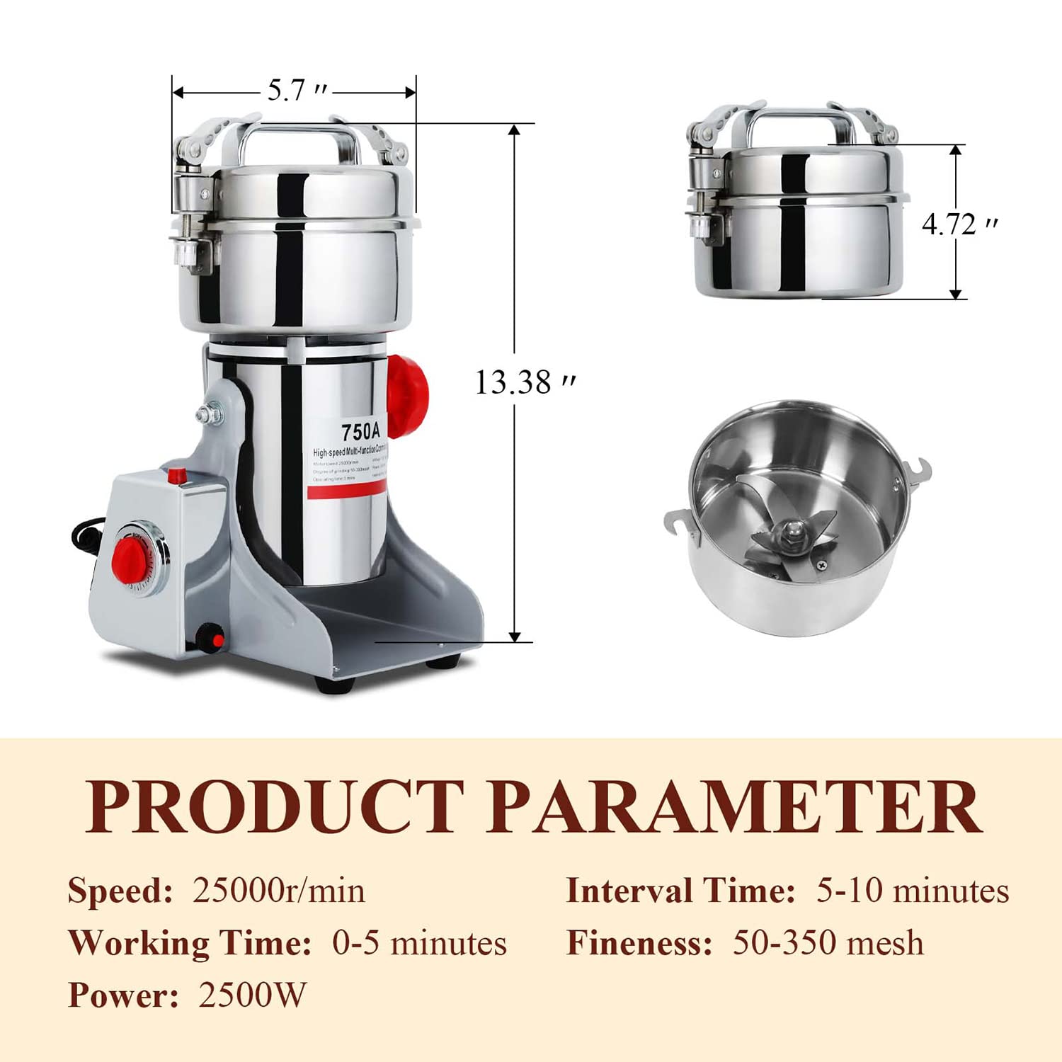 750g Electric Grain Dry Grinder Commercial Swing Type Dry Mill Machine, Stainless Steel 2600W High Speed Pulverizer for Coffee Spice Grindā¦