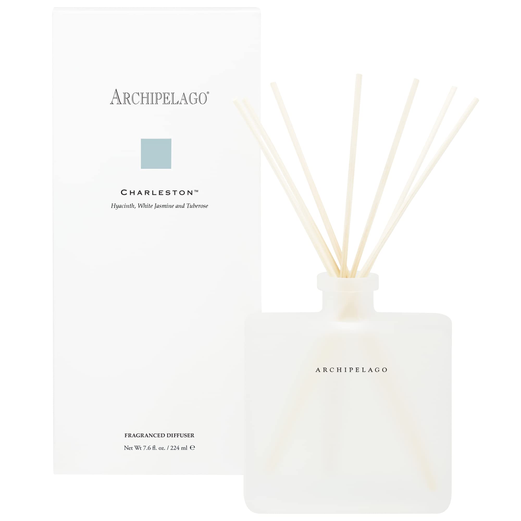 Archipelago Botanicals Charleston Reed Diffuser, Home Fragrance Reed Diffuser, Includes Fragrance Oil, Frosted Glass Vessel & 10 Diffuser Reeds, Perfect for Home, Office or Gift, 7.6 Fl Oz
