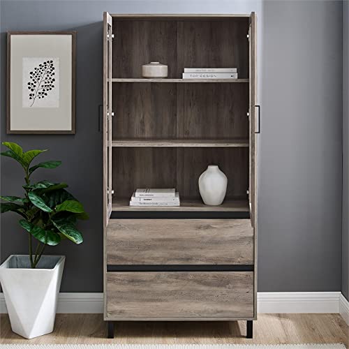 Walker Edison Furniture Company Glass Door Storage Hutch, 68 Inch, Grey Wash
