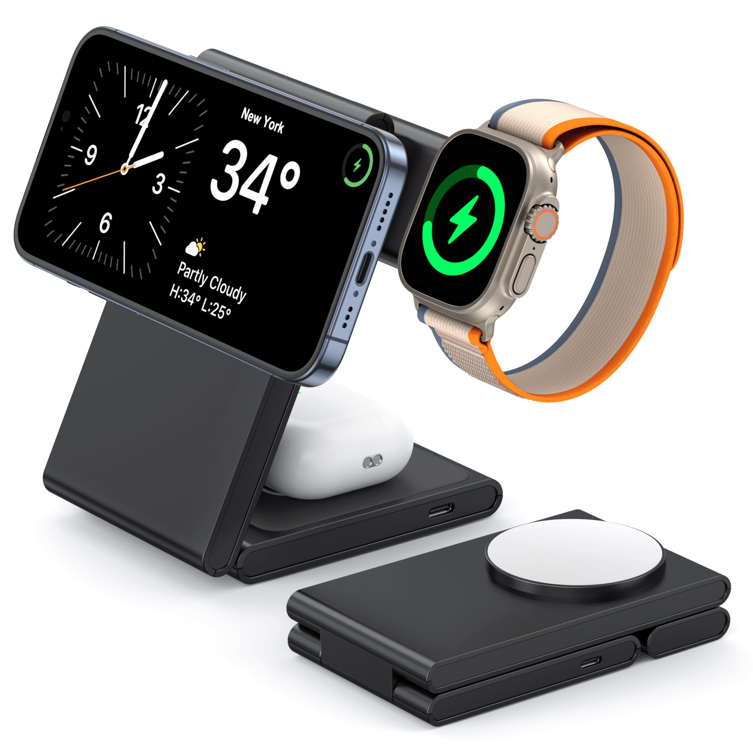 3 in 1 Wireless Charging Station for Multiple Devices, Fast Foldable Travel Mag-Safe Stand for iPhone 15 14 13 12 Pro Max/Plus/Pro/Mini, Magnetic Charger for Apple Watch/AirPods Pro with 20W Adapter