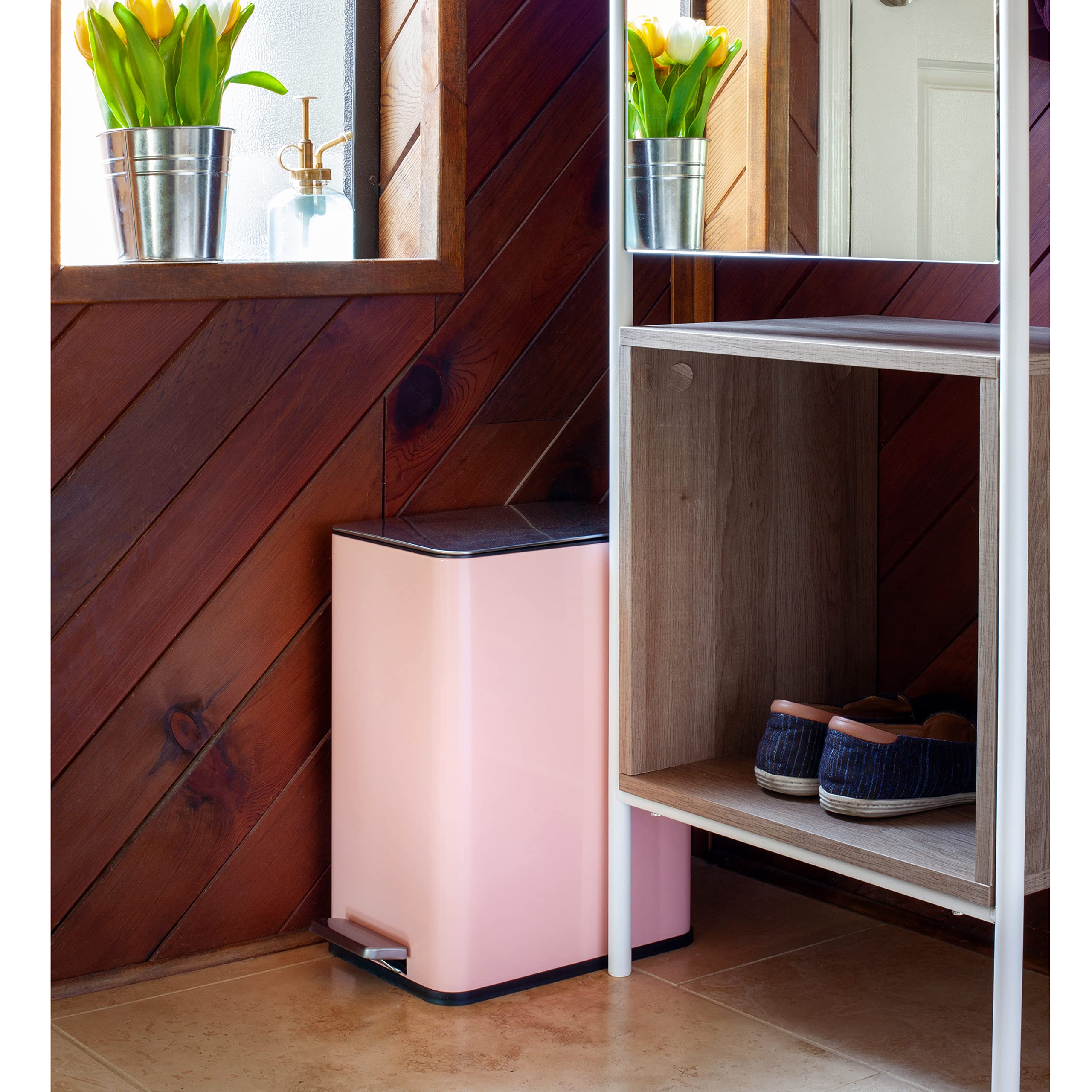 QUALIAZERO 10L/2.6Gal Heavy Duty Hands-Free Stainless Steel Bath/Office Step Trash Can, Fingerprint-Resistant Soft Close Lid Trashcan, Slim (Rose Pink)