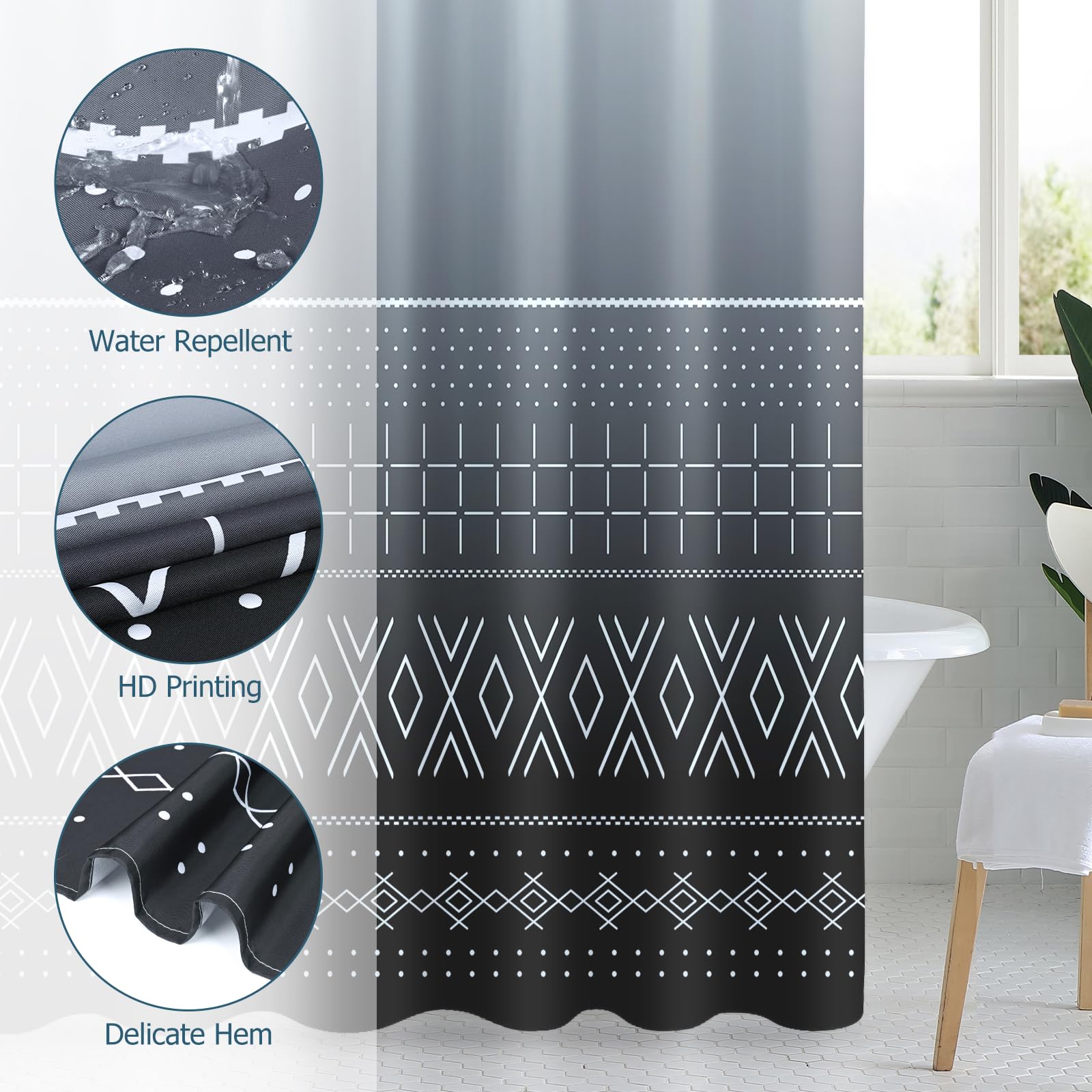 4 Pcs Teal Grey Boho Shower Curtain Set with Memory Foam Bathroom Rugs Sets 2 Piece, No Hook Shower Curtain with Snap in Liner, Hotel Modern Bathroom Curtain with Sheer Window, Ombre Bathroom Decor