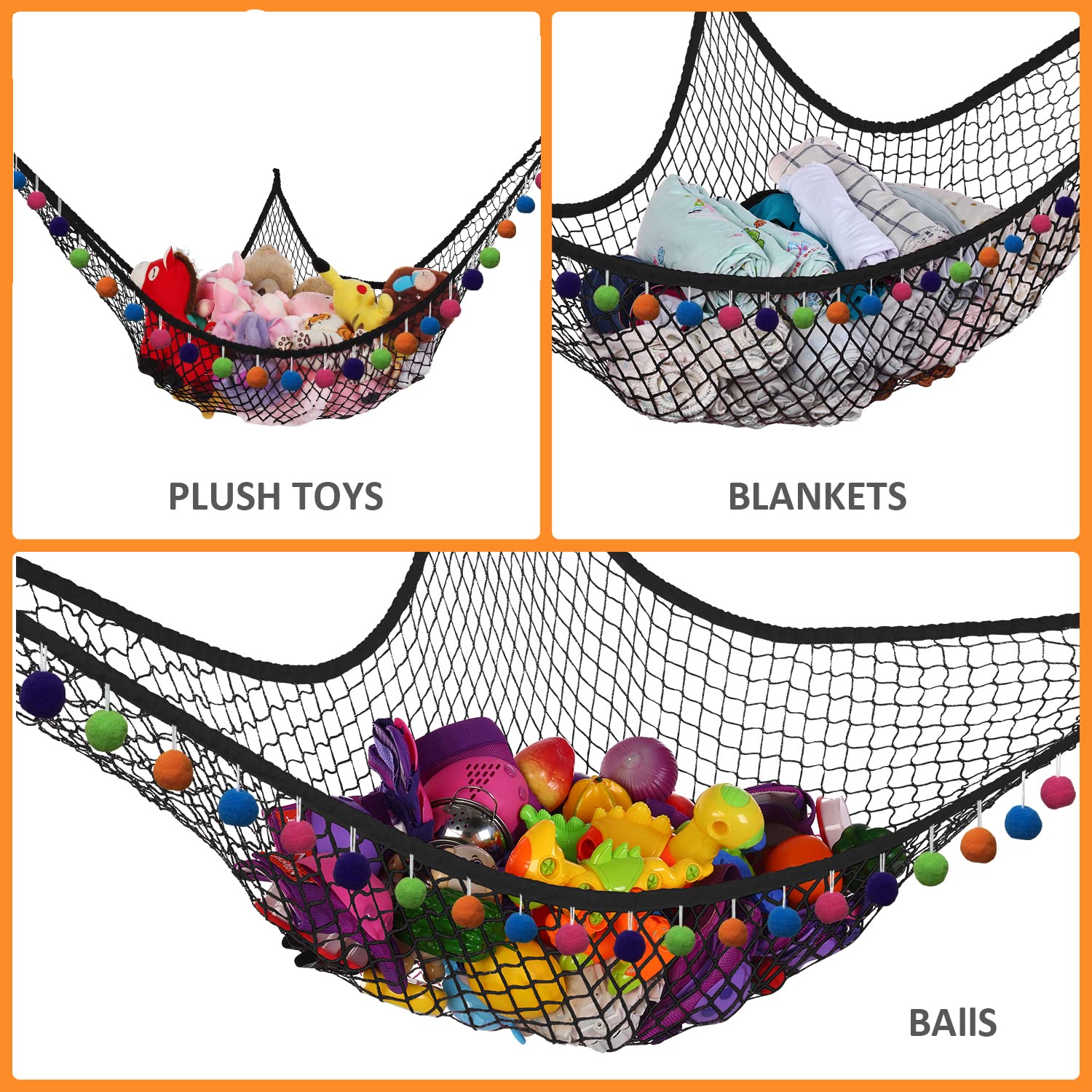 Net for Stuffed Animals, Meirenda Stuffed Animal Hammock or Net Jumbo Stuffed Toy Net Storage Organizer Kids Sling Corner Wall Mesh Toy Hammock for Stuffed Animals with Balls(Black, 70 inch)