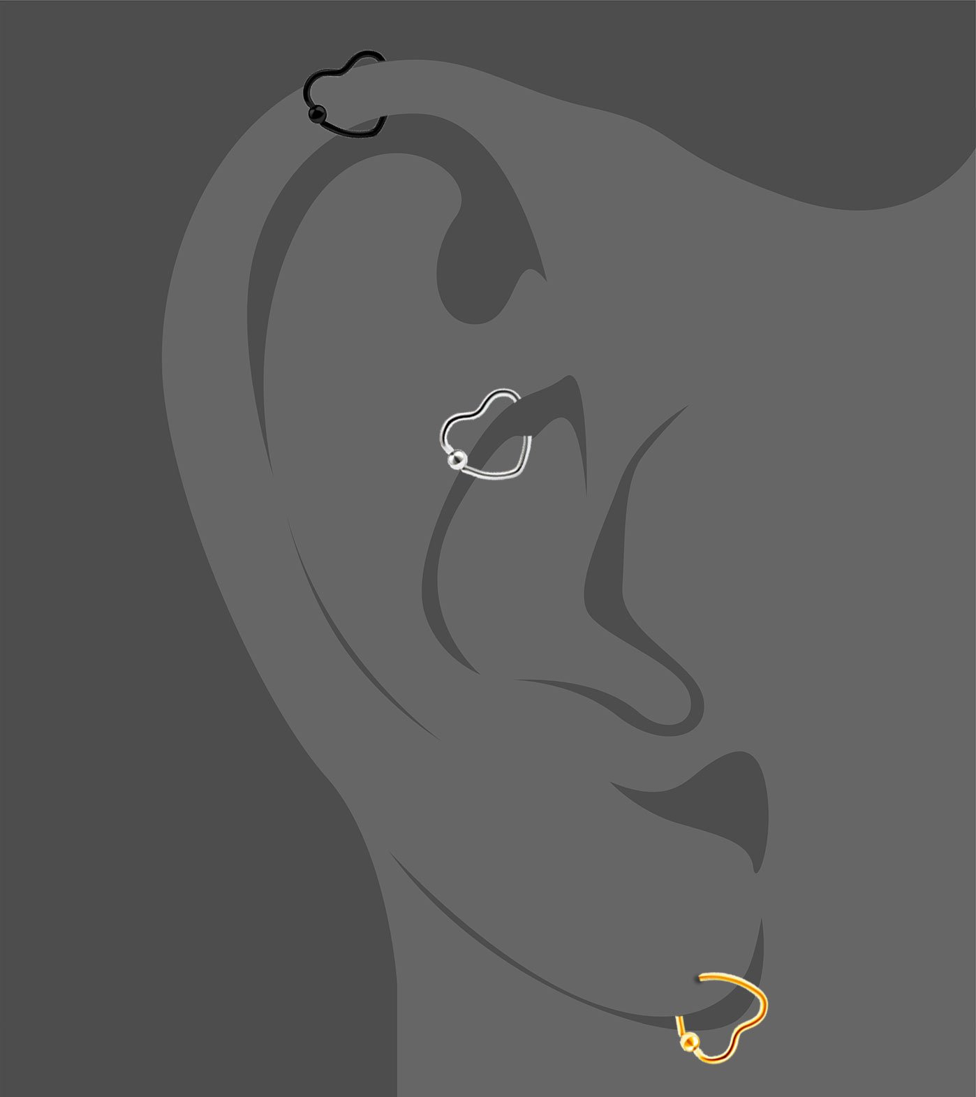 2pcs 16g Heart Hoop Earring CBR Captive Bead Rings Cartilage Daith Rook Helix Anodized Surgical Steel Auricle - Black