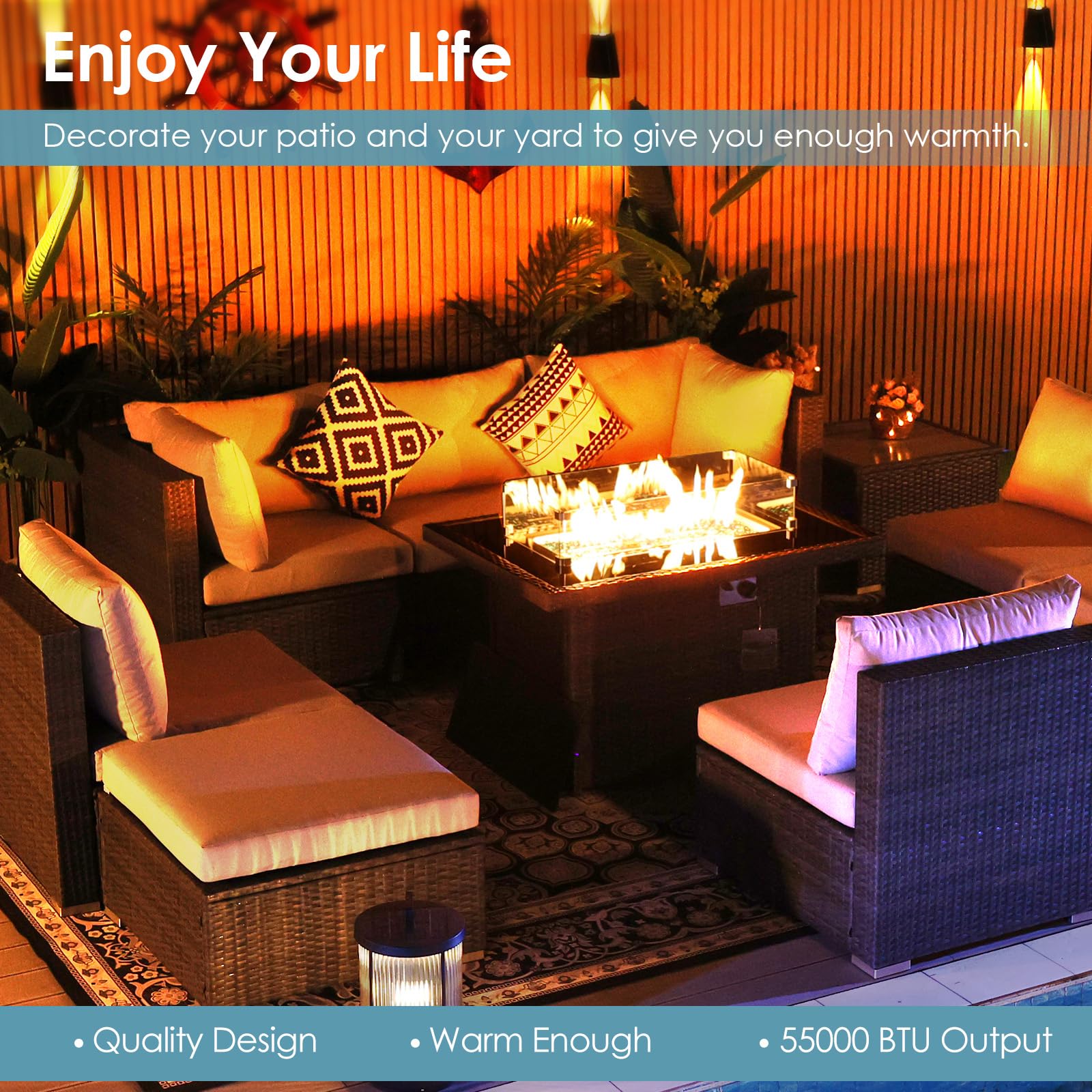 RADIATA PE Wicker Patio Furniture Set Sectional High Back Large Size Sofa Sets with Propane Fire Pit Table 55000 BTU Balcony Rattan Lounge Conversation Sets for Outdoor (17 Pieces,Light Gray)