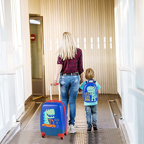 Olakids Kids Luggage Set, 12ββ Travel Backpack and 18ββ Carry on Suitcase with Rolling Spinner Wheels for Children Boys Girls, 2 Pcs Trolley Case Gift for Toddlers (Blue Dinosaur)