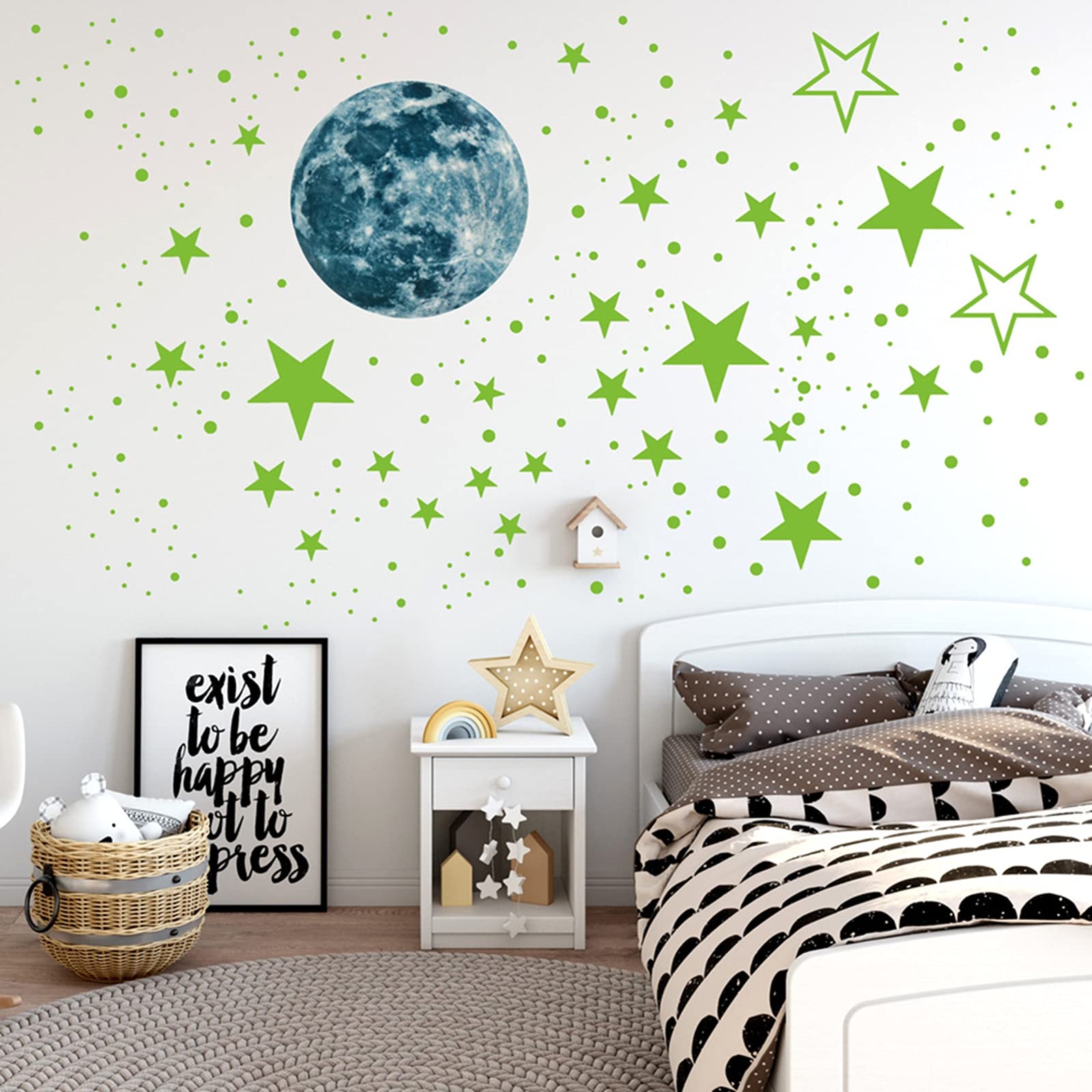Sursarbelor Luminous Φ30cm Big Moon and Stars Dots Wall Stickers, 435 Pieces Glow in The Dark Stickers, Wall Ceiling Sticker Decals for Home Party Kids Room Decorations