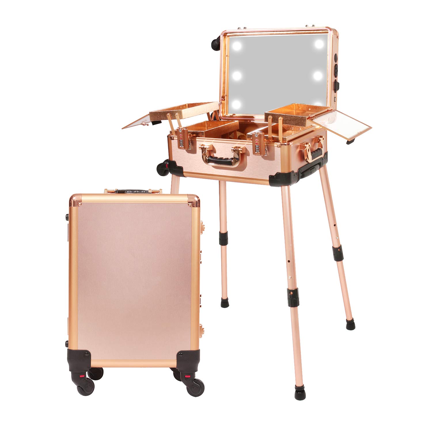 Jula Vance Medium Makeup Train Case with Code Lock, Lighted Mirror, Speaker Travel Cosmetic Organizer Box, Professional Artist Trolley Studio Free Standing Case