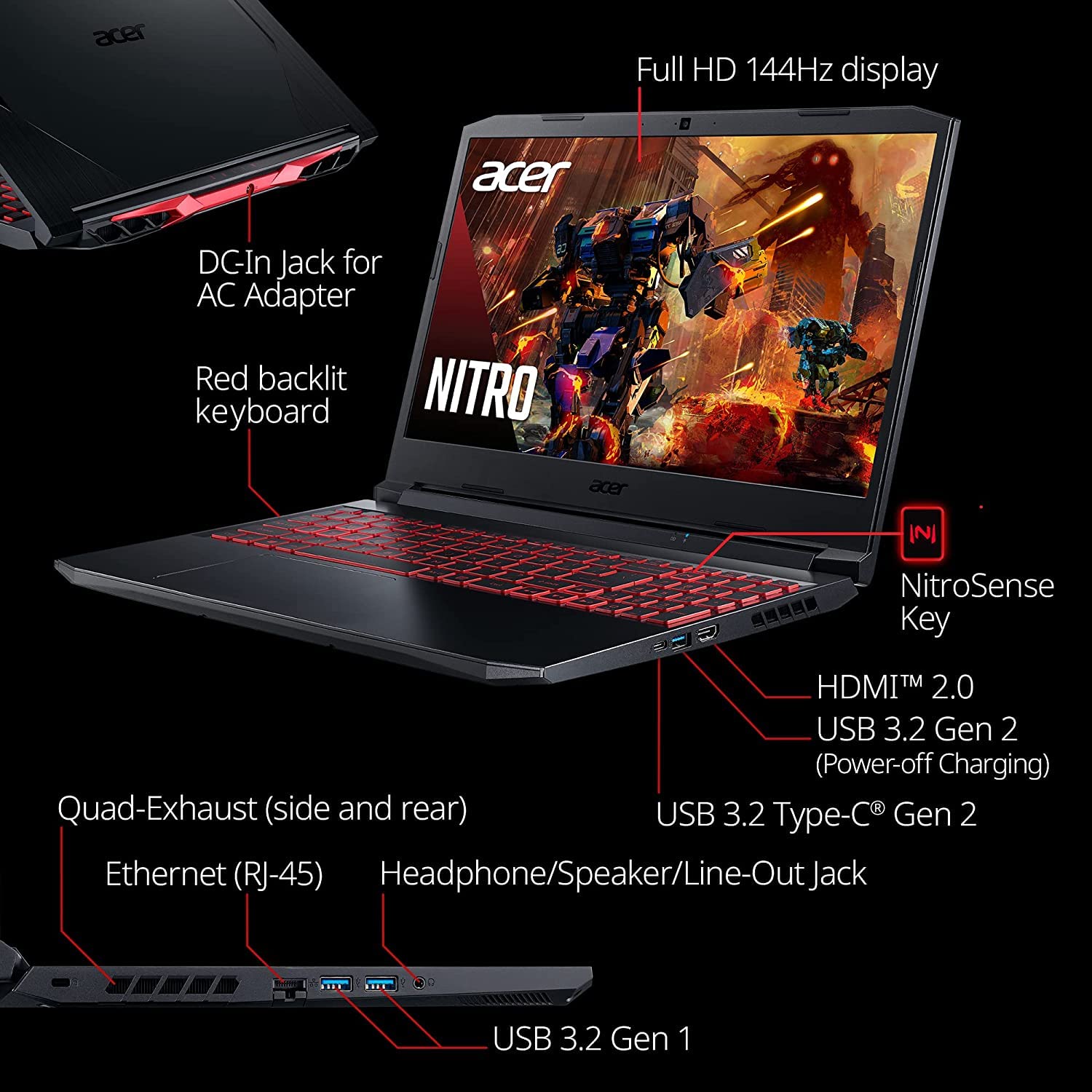 Acer Newest Nitro 5 Flagship Gaming Laptop: 15.6" FHD 144Hz IPS Display, Intel Gaming 8-Core i7-11800H, 64GB RAM, 2TB SSD, GeForce RTX 3050Ti, WiFi-6, Backlit-KYB, DTSX Audio, Cool Tech, Win11