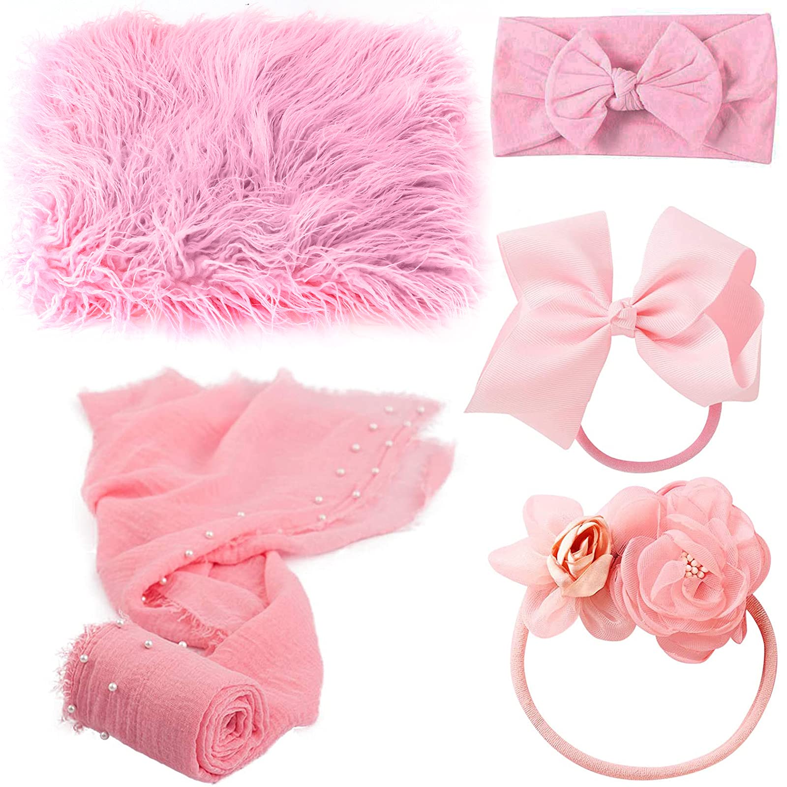 SPOKKI 5 Pcs Newborn Photography Props Outfits 35x67 Baby Long Ripple Wrap and Toddler Swaddle Blankets Photography Mat with Cute Headbands for Infant Boys Girls(0-12 Months) (Pink)