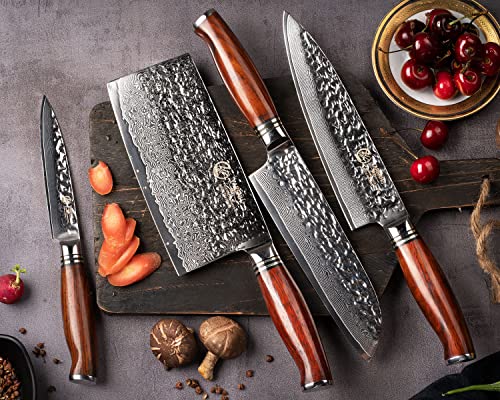 YARENH Kitchen Knife Set with Cleaver 4 Pcs, 73 Layers Damascus High Carbon Stainless Steel, Full Tang Natural Sandalwood Handle, Professional Chef Knife