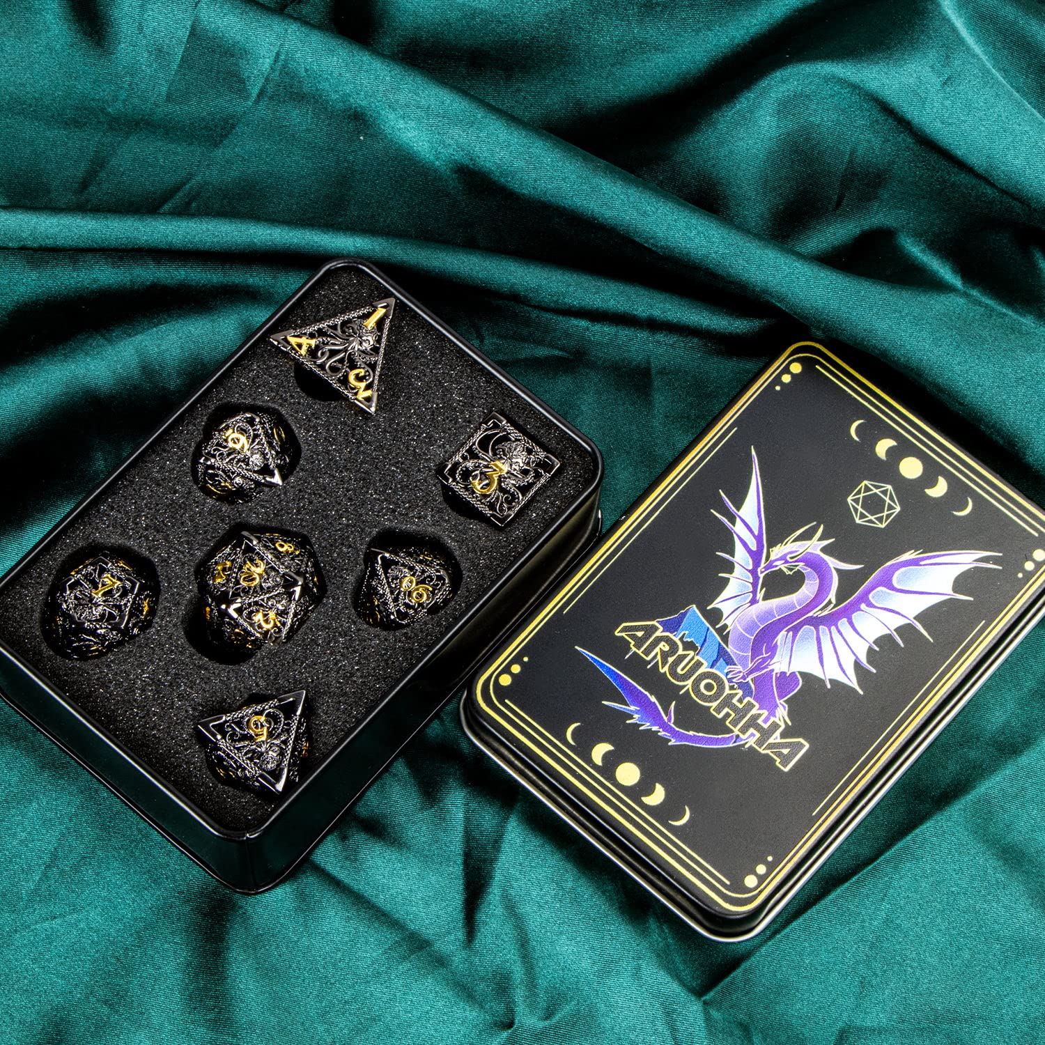 ARUOHHA Dungeons and Dragons Dice DND Metal Dice Set Mind Flayer D and D Dice for Pathfinder MTG Role Playing Dice Hollow Polyhedral Dice Black D&D Dice Set with Gift Box D20 D12 D10 D8 D6 D4