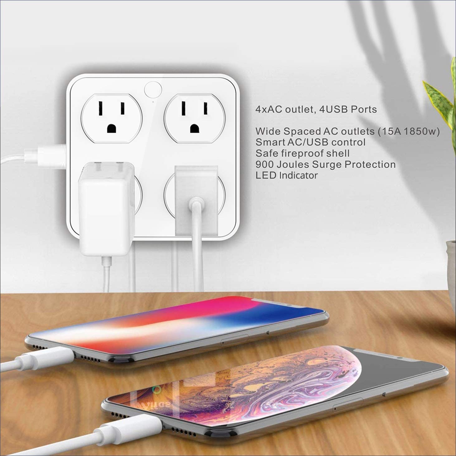 Wireless Wall Tap Smart Plug,Surge Protector, 4 Outlet Extender with 4 USB Charging Ports, Compatible with Alexa Google Assistant, no Hub Required (4 Outlets,4 USB Ports), ETL Certification