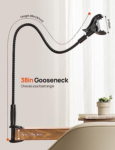 Aomiker Gooseneck Phone Holder for Bed - [2023 Upgrade Nylon Braid] 38” Flexible Lazy Arm Clip, 360 Adjustable Overhead Phone Mount for iPhone 14 13 12 11 Pro Max Mini Plus, all 4-7" Cellphone - Black