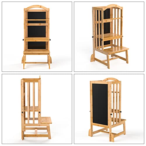 DORPU Learning Step Stool for Kids, Adjustable Height Toddler Kitchen Standing Tower with Double-Side Art Board, Natural