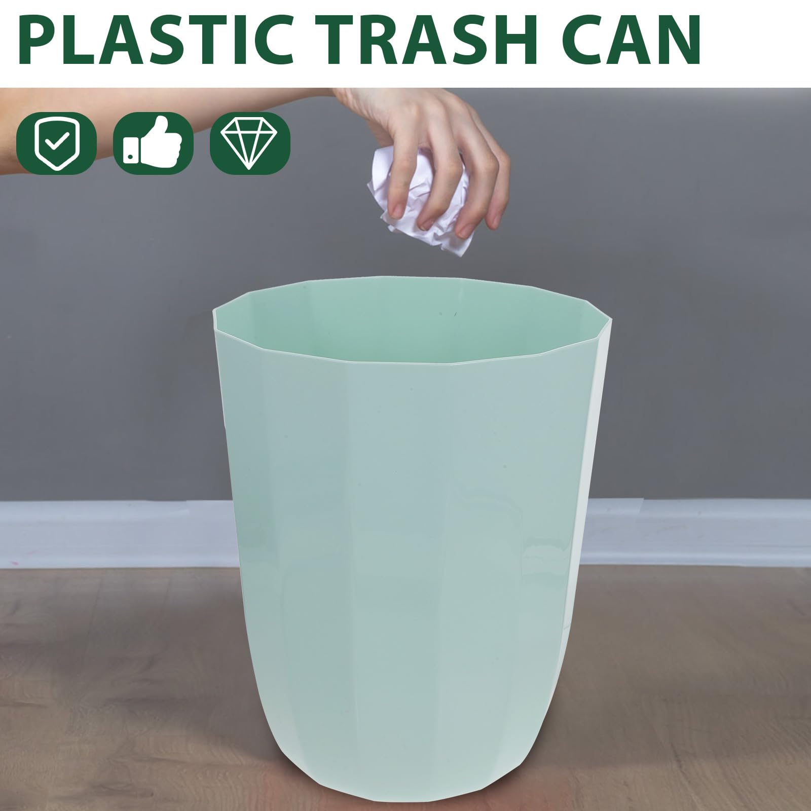 Zerodeko Plastic Trash Can, Open-Top, Green, 12-Inch Diameter, 6-Inch Height, 3.5-Gallon Capacity