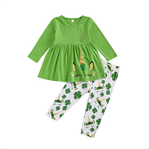 sshybmne Toddler Kids Girl St. Patrick 's Day Outfits Long Sleeve Top Dress Four-Leaf Clover Print Pants Clothes Set (Green, 6-7T)
