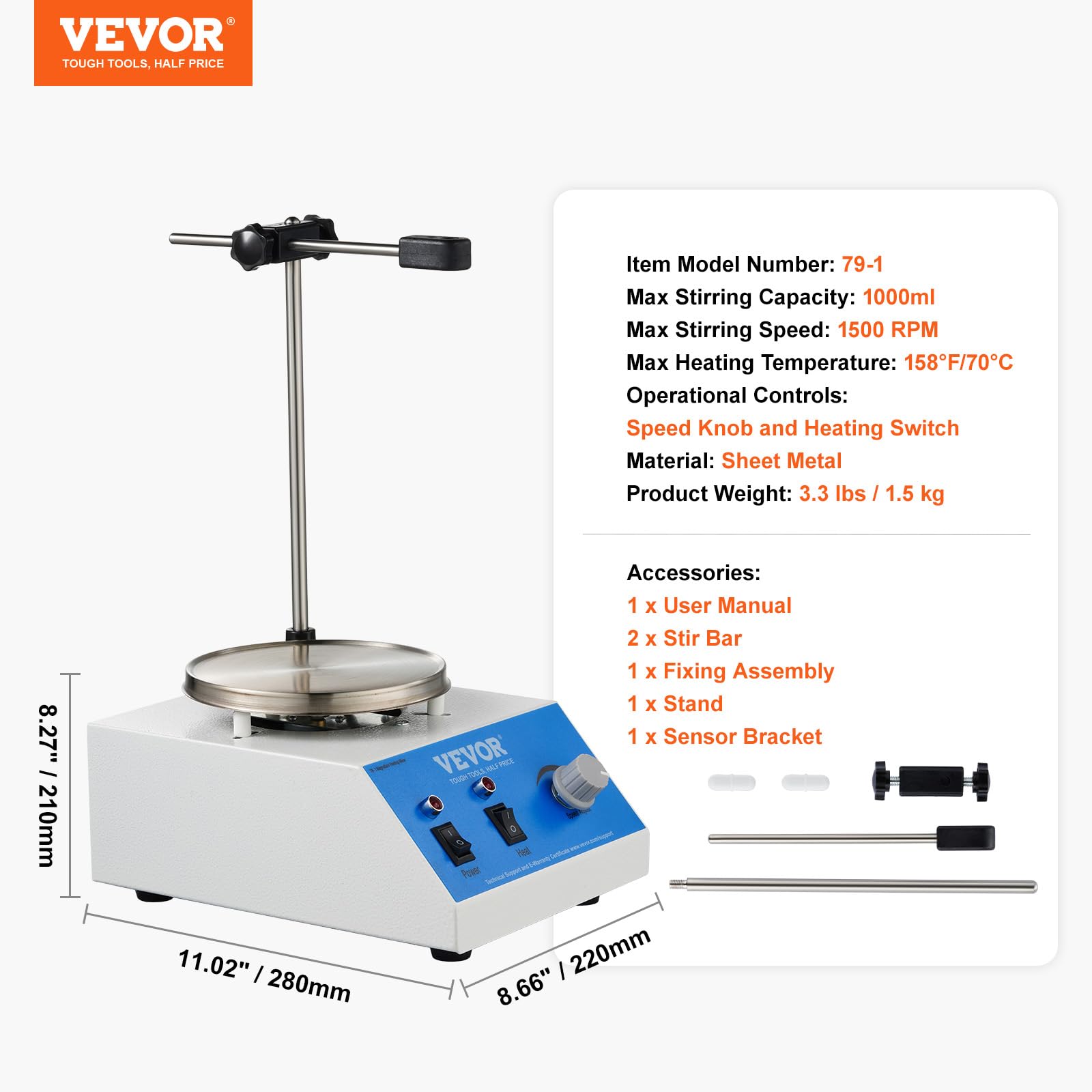 Happybuy Magnetic Stirrer 250W 158℉/70℃ Heating Hot Plate with Magnetic Stirrer 0-1600 RPM Adjustable 1000ML Lab Magnetic Stirrer Mixer with Stand Support, Stirring Bar