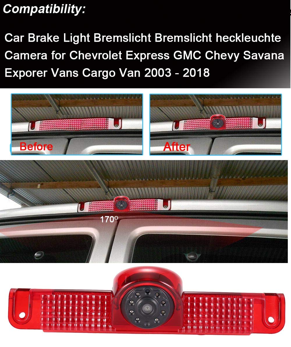 4.3 '' Rearview Mirror + Third Roof Top Mount Brake Lamp Reverse Rear View Backup Camera Angle and Distance Adjustable IR Night Vision for Chevrolet Express GMC Chevy Savana Exporer Vans Cargo