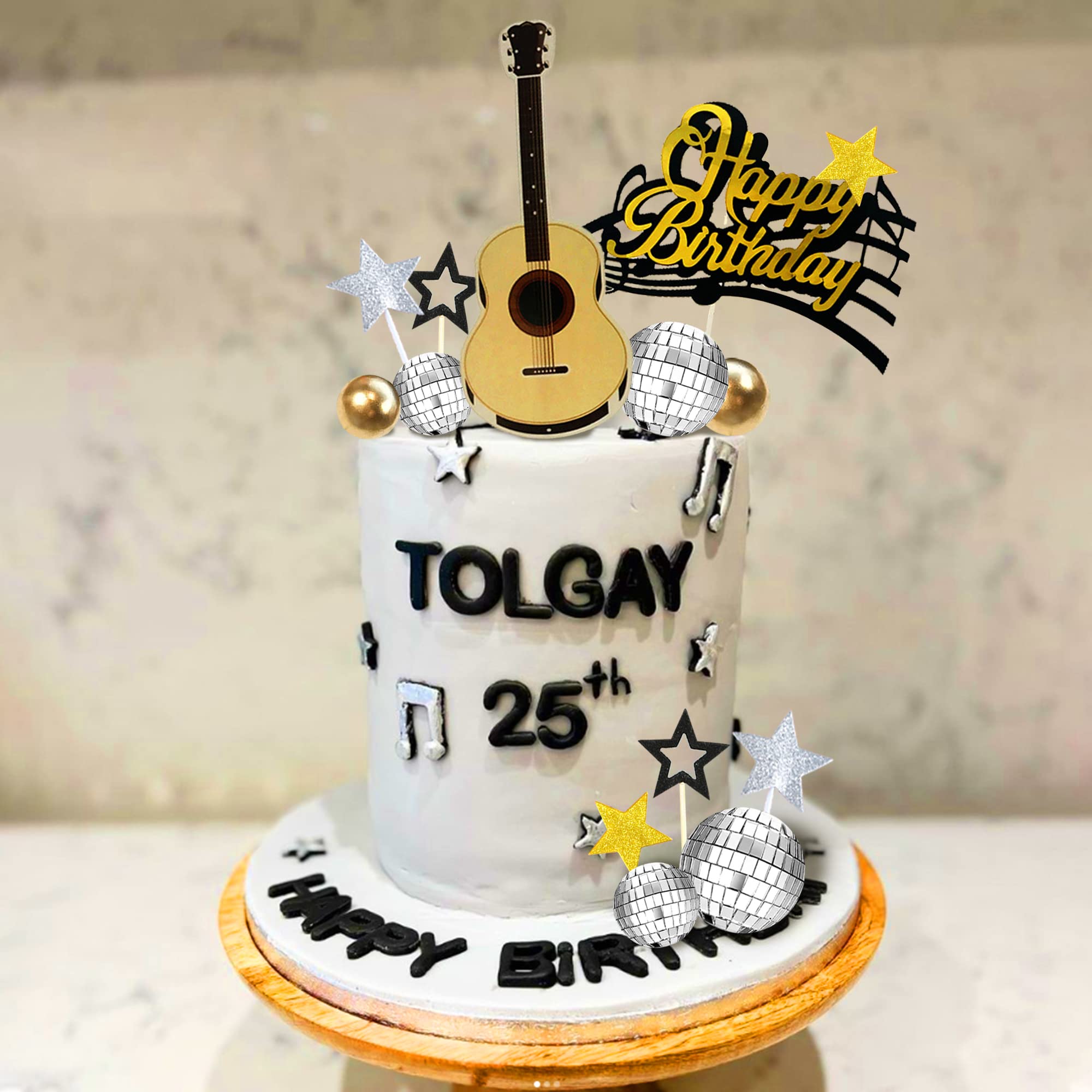 31 PCS Guitar Cake Toppers Music Notes Balls Cake Decorations for Musician Birthday Party Rock Theme Party (Black)