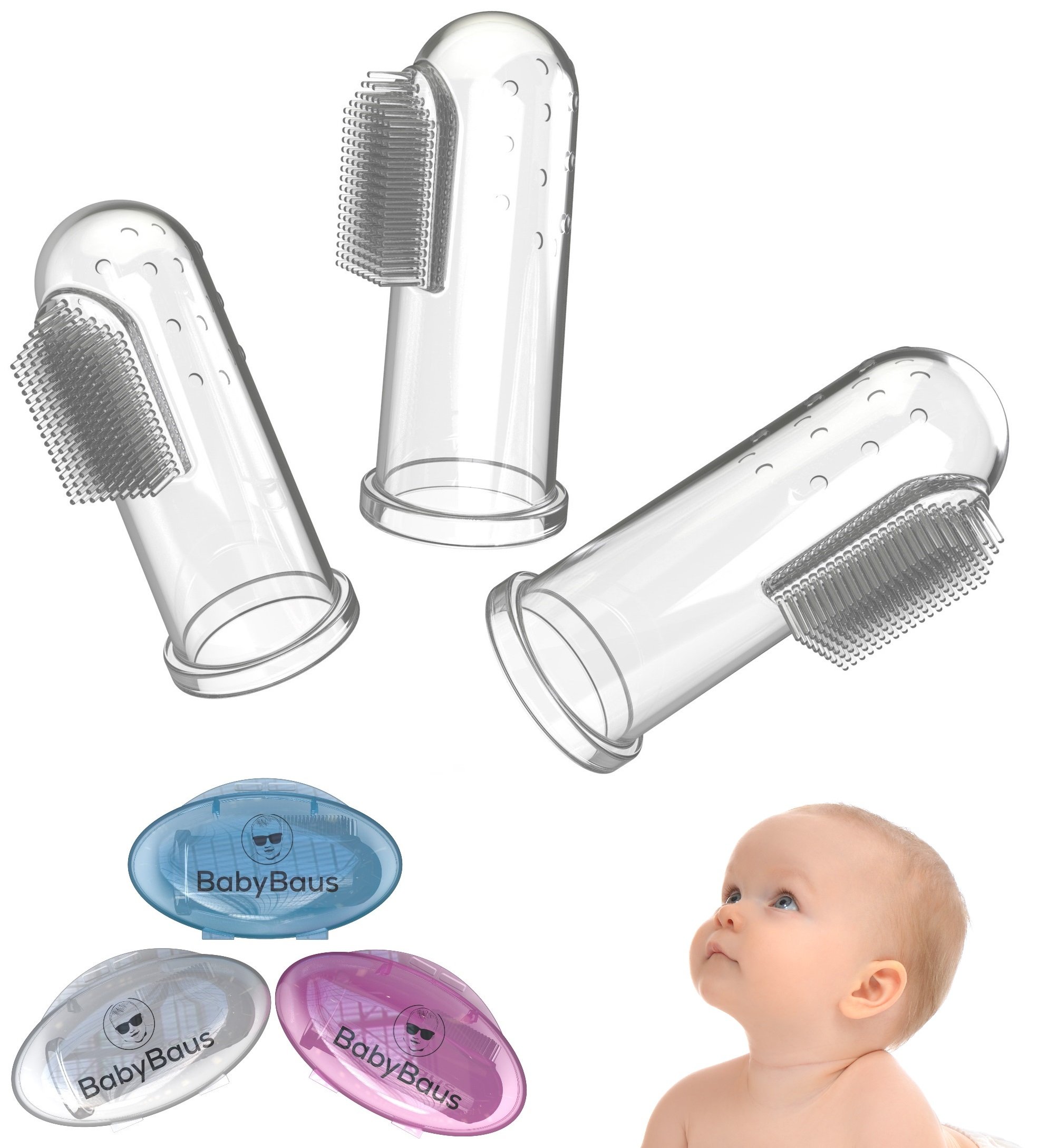 BabyBaus: Baby Finger Toothbrush | Easy Oral Hygiene for Kids, Toddlers, Babies and Pets | Soft, Massaging Bristles, Ergonomic Design – Set of 3, with 3 Cases in Blue, Pink, Clear