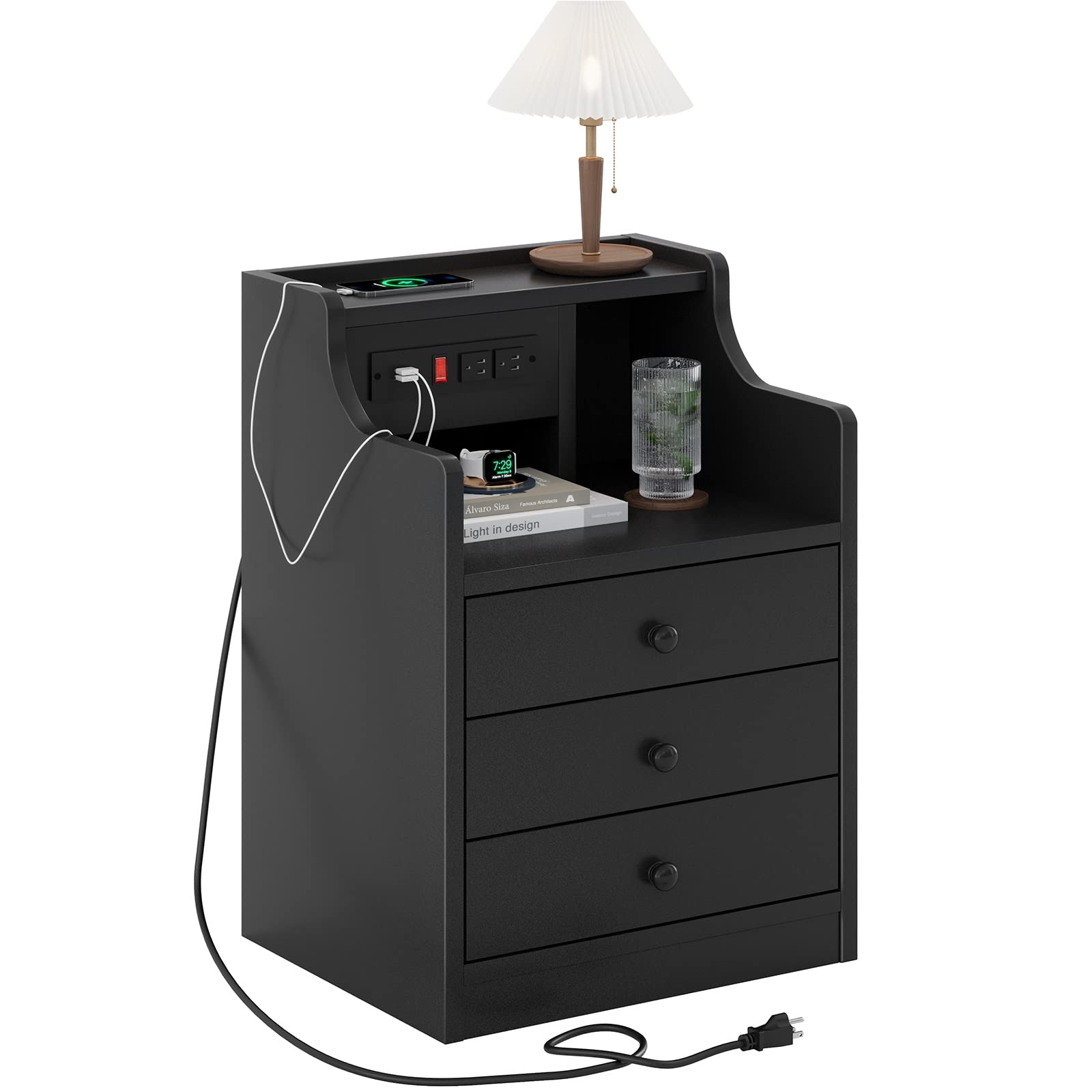 ADORNEVE Nightstand Set 2,Gray Nightstand with Charging Station & Hutch,Night Stands for Bedrooms Set of 2,Bedside Table with Drawers