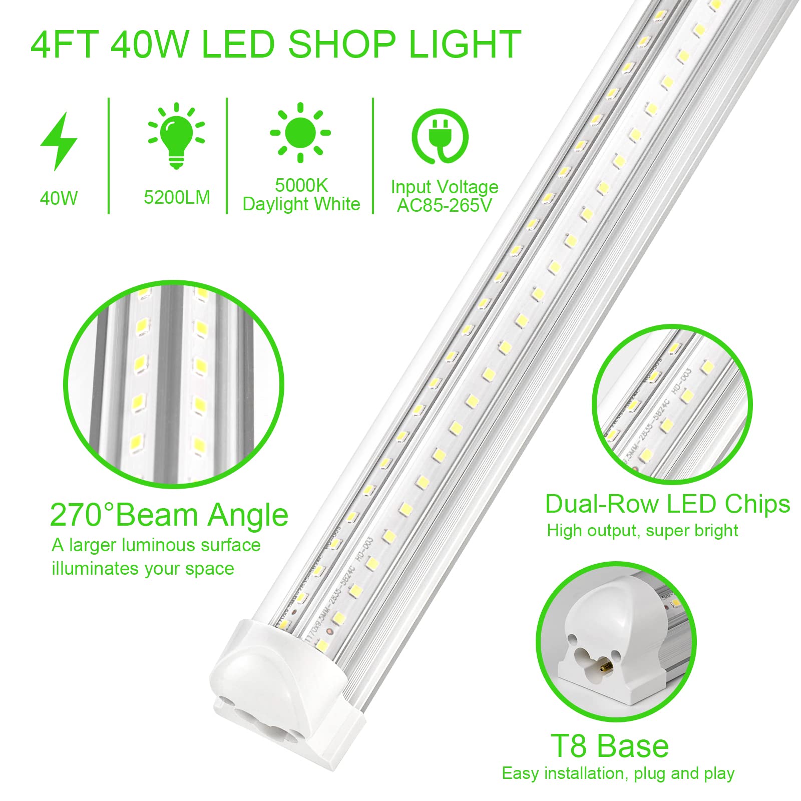 Nimgoti LED Shop Light 4FT, T8 Integrated LED Tube Light Fixture, 40W 5200LM 5000K, V Shape, Daylight White, Hight Output Linkable Shop Lights for Garage Warehouse Workshop, Clear Cover (4-Pack)