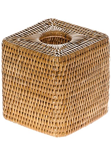 Kouboo La Jolla Rattan Round Waste Basket with Lid & Plastic Insert, 2 Gallon Woven Wastebasket & Home Decor, Honey Brown & 1030055 La Jolla Rattan Square Tissue Box Cover, 5.5" x 5.5" x 5.75"