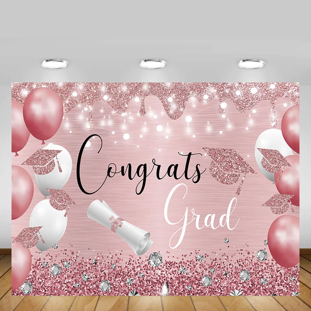 MEHOFOND 7x5ft Rose Gold Congrats Grad Backdrop Graduation Decorations Class of 2024 Ceremony Banner Pink and White Balloons Prom Supplies Photography Studio Props