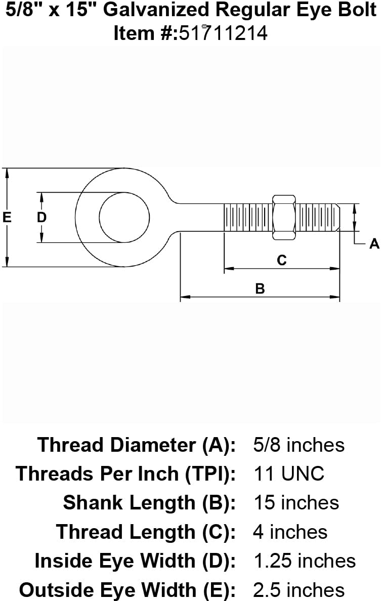 E-Rigging Galvanized Drop Forged Regular Eye Bolts - 5/8" x 15" - 5,200 lbs Working Load Limit - Heavy-Duty and Corrosion Resistant