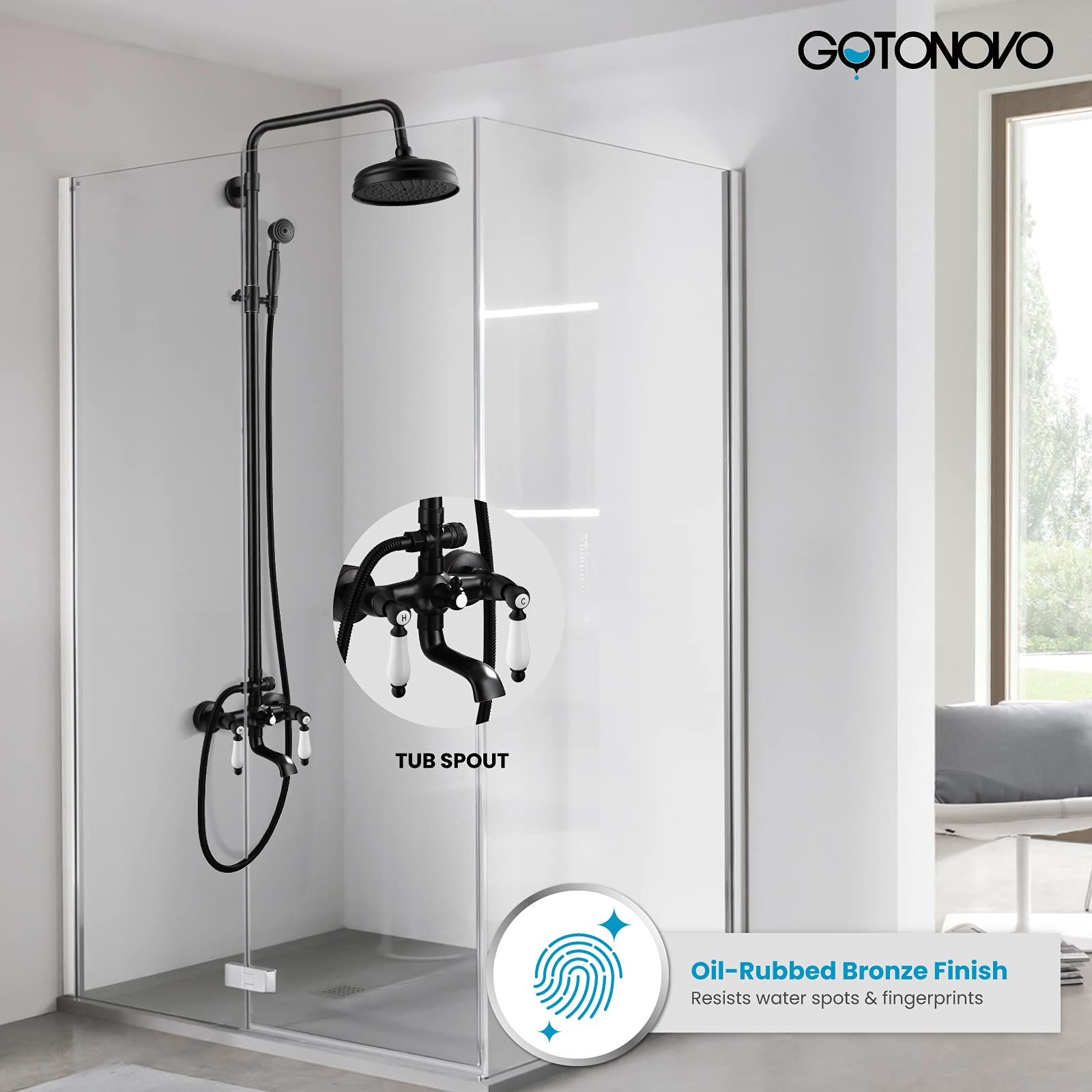 Oil Rubbed Bronze 8’’ Shower Faucet 2 Lever Handle Bathtub Spout 3 Function Bathroom Wall Mount Kitchen Faucet 8’’ Center 9’’ Spout Reach 2 Cross Handle Victorian Kitchen Sink Faucets