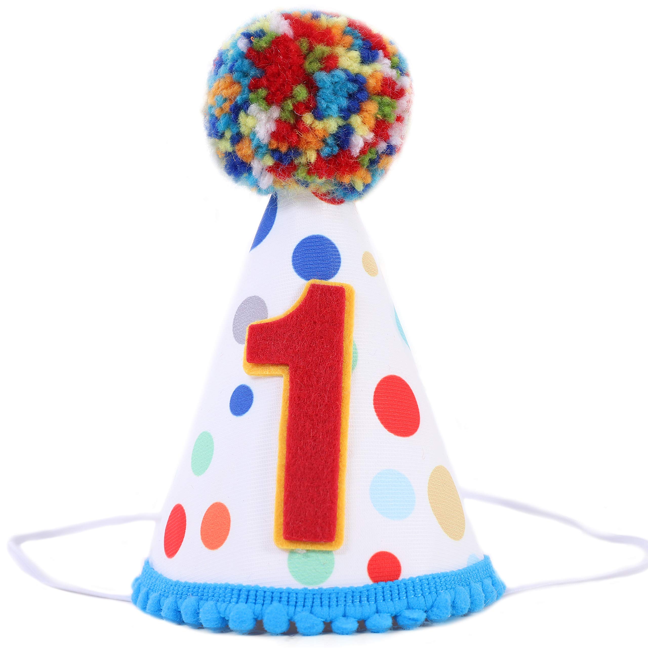 WAHAWU Baby 1st Birthday Party Hat - Primary Colors, Handmade Birthday Hat for Baby Girls/Boys, Confetti Cone Hat with Colored Fur Balls, Size 5 1/2, Suitable for Babies around 1 Year Old