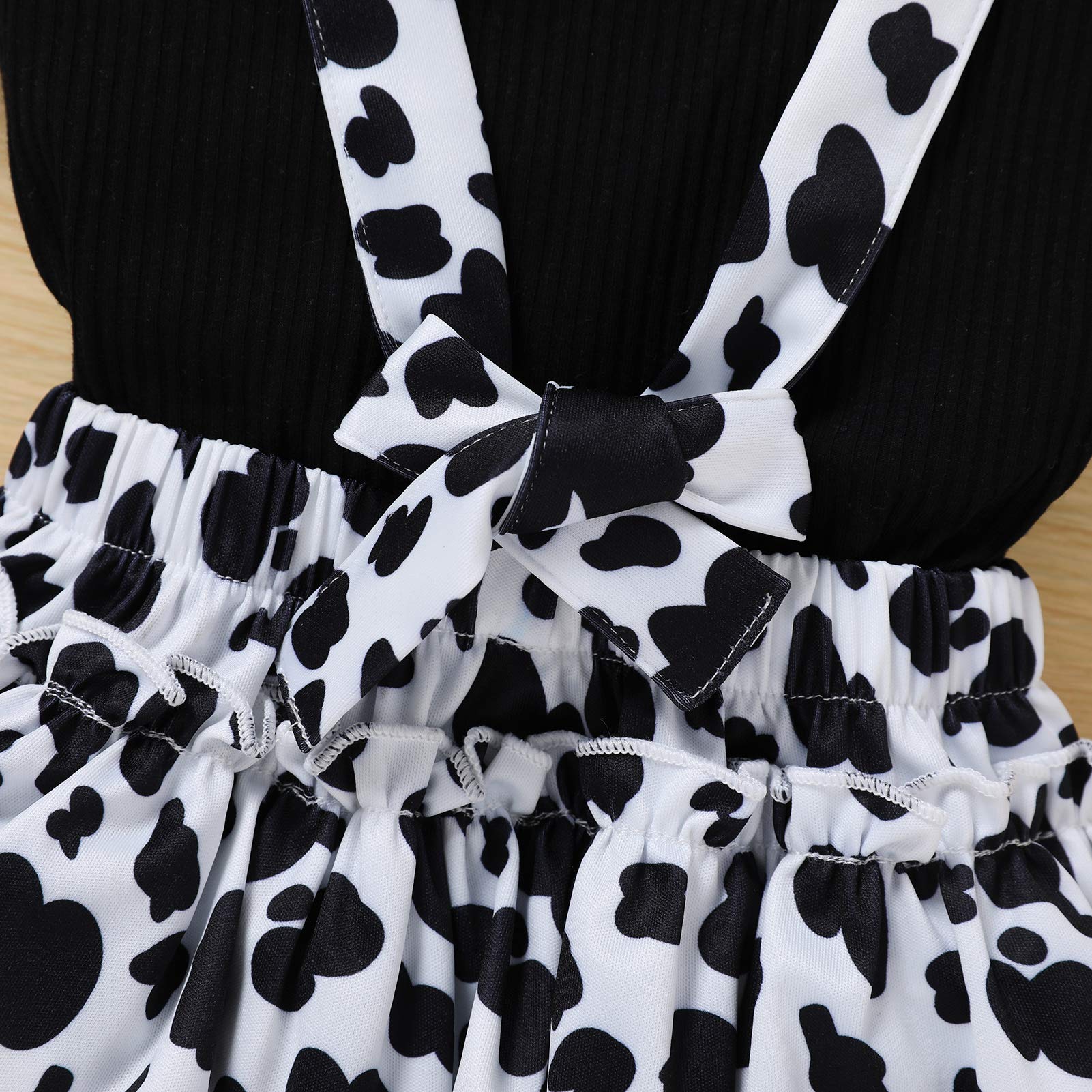 ZOELNIC Baby Girls Summer Clothes Knit Short Sleeve Top Bowknot Suspender Cows Print Ruffle Bloomer Headband Outfit Sets (Black, 6-12 Months)