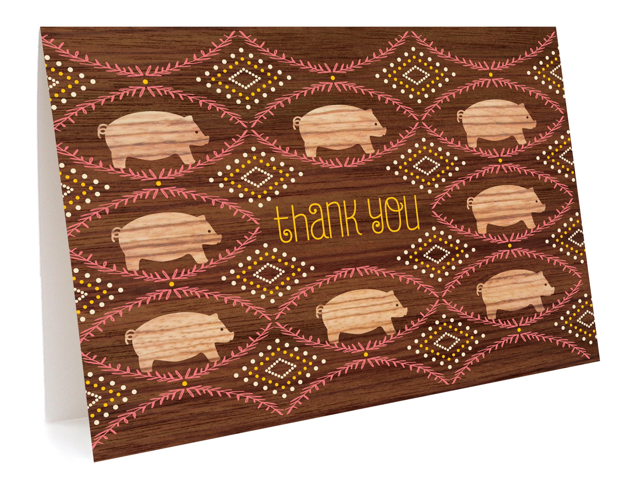 Piggies Thank You Cards, Box of 6 – Rustic Walnut Background with Birch Wood Pigs & Pink Wreaths – Eco-Friendly Premium Paper, Blank Inside, Envelopes Included – Made in USA Small Business