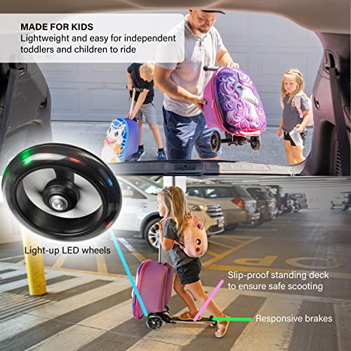 KIDDIETOTES 3-D Hardshell Ride On Suitcase Scooter for Kids - Cute Lightweight Kids Luggage with Wheels - Fun LED Lights