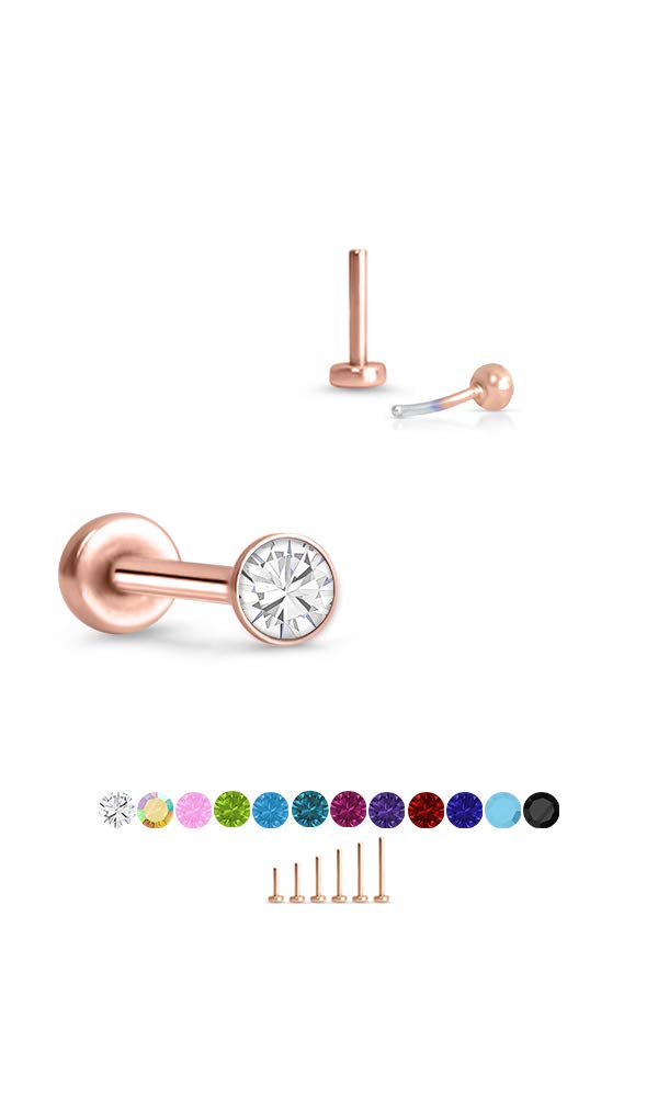 316 Stainless Steel Rose Gold-Tone Threadless Push Pin Nose Ring Labret Monroe Stud 1.5mm Glued Black CZ 20G