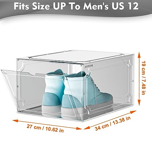 AOSOK Shoe Storage Boxes, 6-Pack Shoe Organizer Clear Plastic Stackable Shoe Containers for Closet, Assemblable Storage Bins Sneaker Storage, Plastic Shoe Boxes With Lids 15.35x7.48x6.88