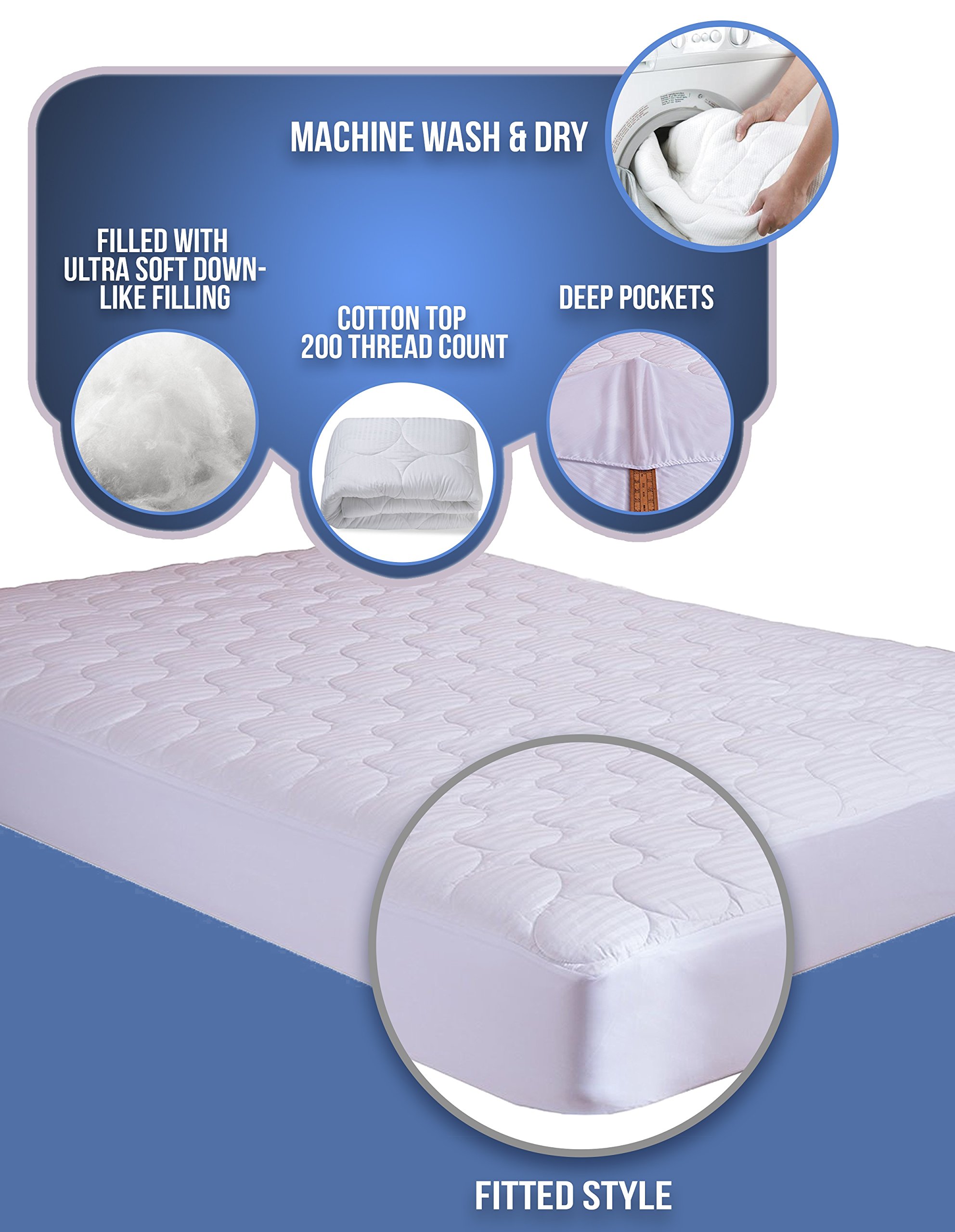 Full Mattress Pad Cover Deep Pockets Cotton Top, Down Alternative Fiber Fill Quilted and Fitted (Full Size - 54"x75")