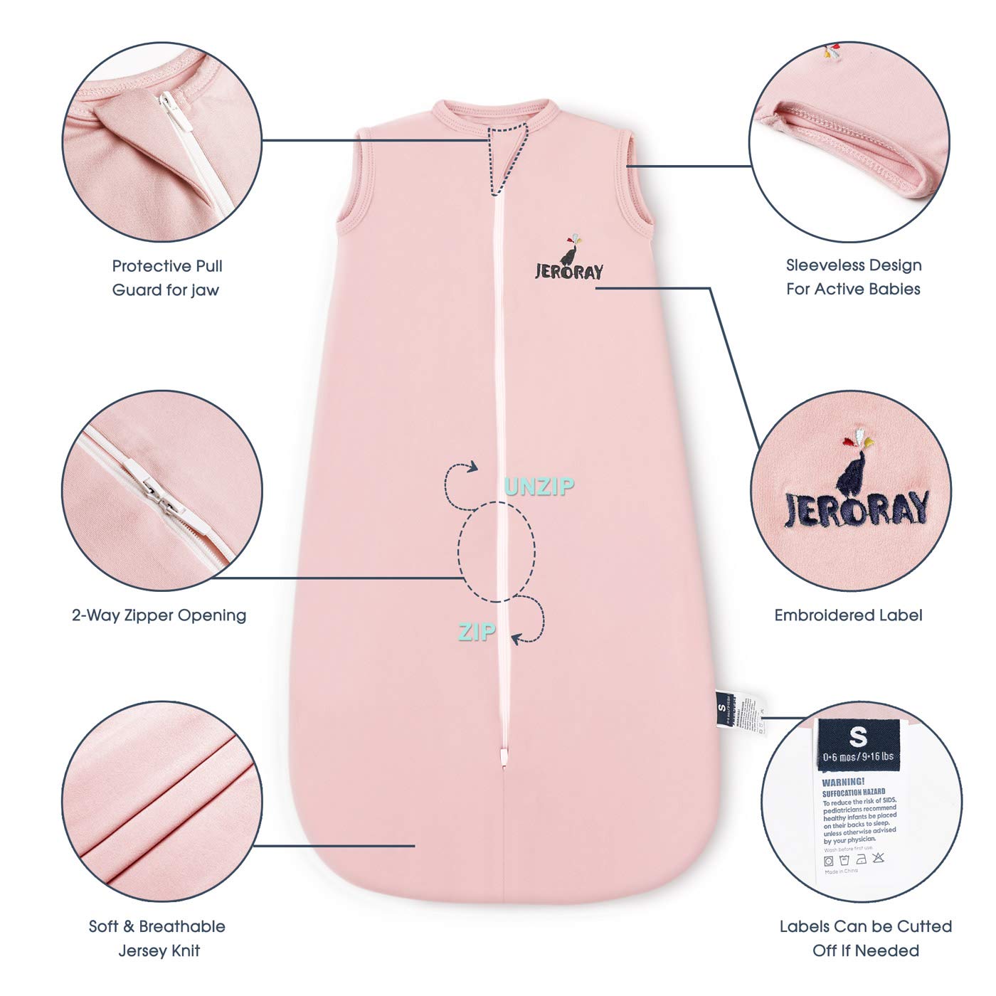 Jeroray Wearable Blanket-Stretchy Sleeping Bag,(12-18 Months) TOG 1.0,2-Pack,2 Way Zipper,Unisex,Elephant&Solid Dusty Rose,Large