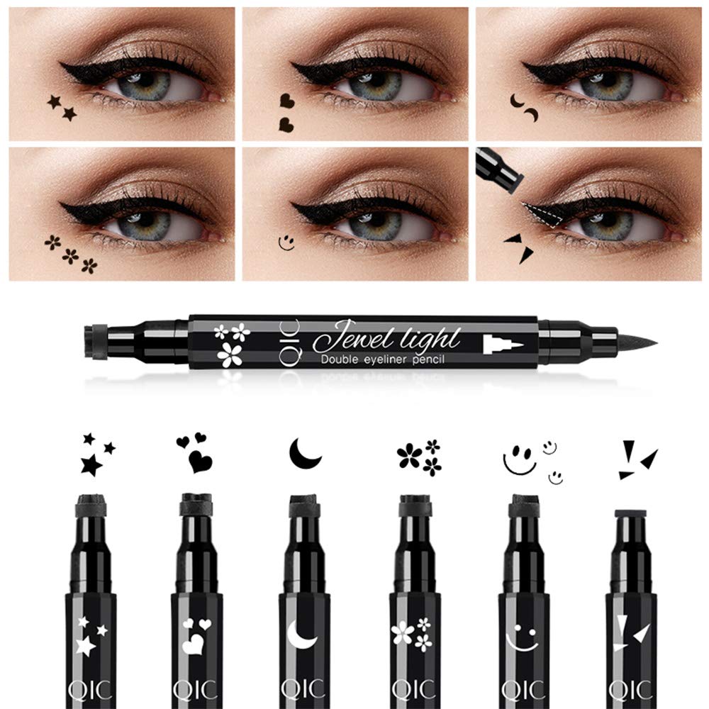 Go Ho 6 PCS Eyeliner Stamps,Double-sided Super Slim Gel Felt Tip High Black Eye Liner Pen,Waterproof Smudge-Proof Smooth Eyeliner Makeup Tools(6 Shapes)