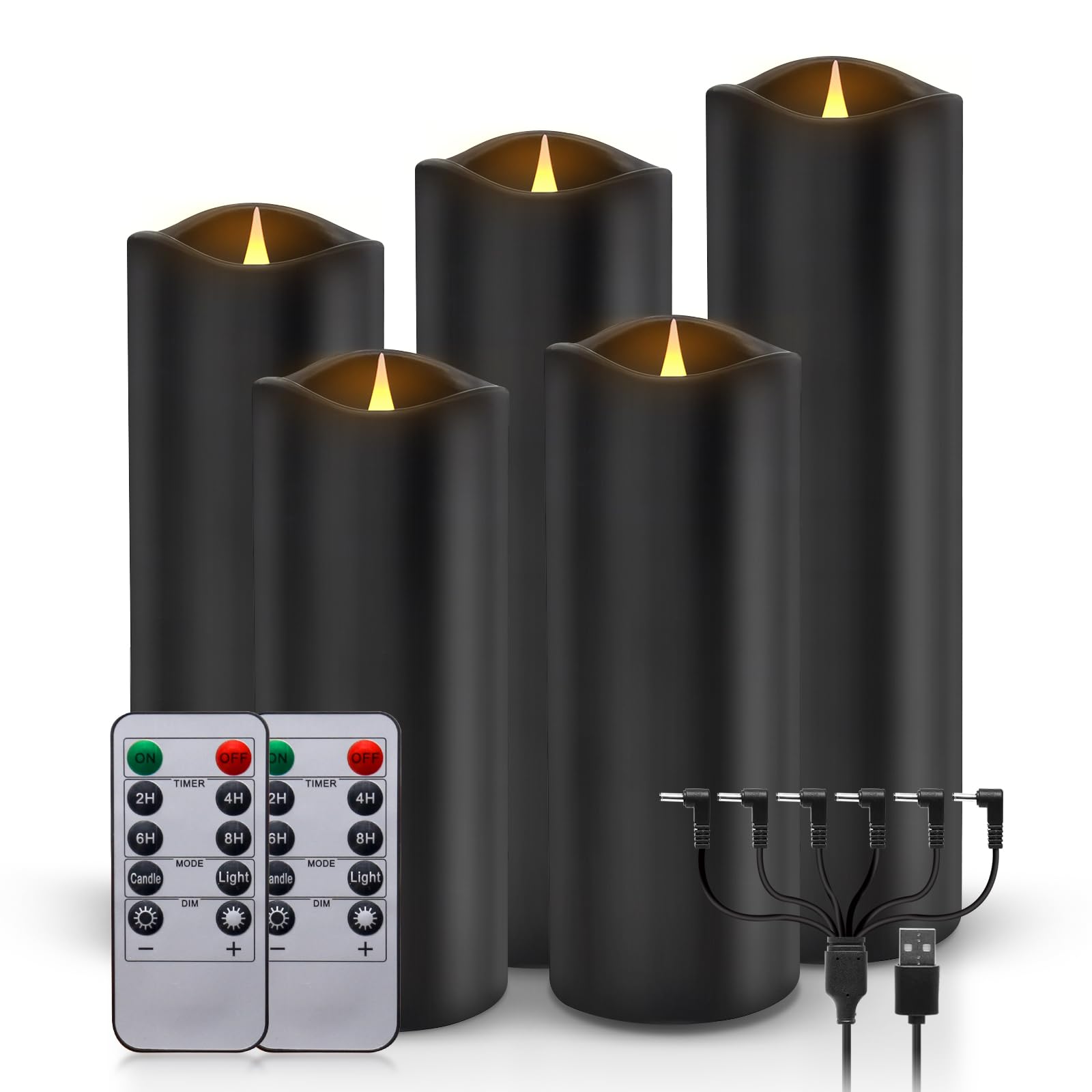 ALED LIGHT Black Real Wax Rechargeable Flameless Candles Flickering Realistic,Rechargeable LED Pillar Candles with Remote for Home Decor Idea Gift,Pack 5(D 2.2”X H 5”5.5”6”7”8”)