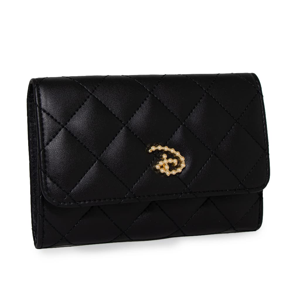 Disney Wallet, Foldover, Disney Signature D Logo Faux Pearl Gold, Black Vegan Leather