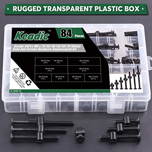 Keadic 85Pcs M6 20/30/40/50/60/70/80mm Baby Bed Screws Hardware Replacement Kit, Hex Socket Head Cap Screws Nuts for Furniture Cots Beds Crib, 1 Hex Key for Free - Black High Speed Steel