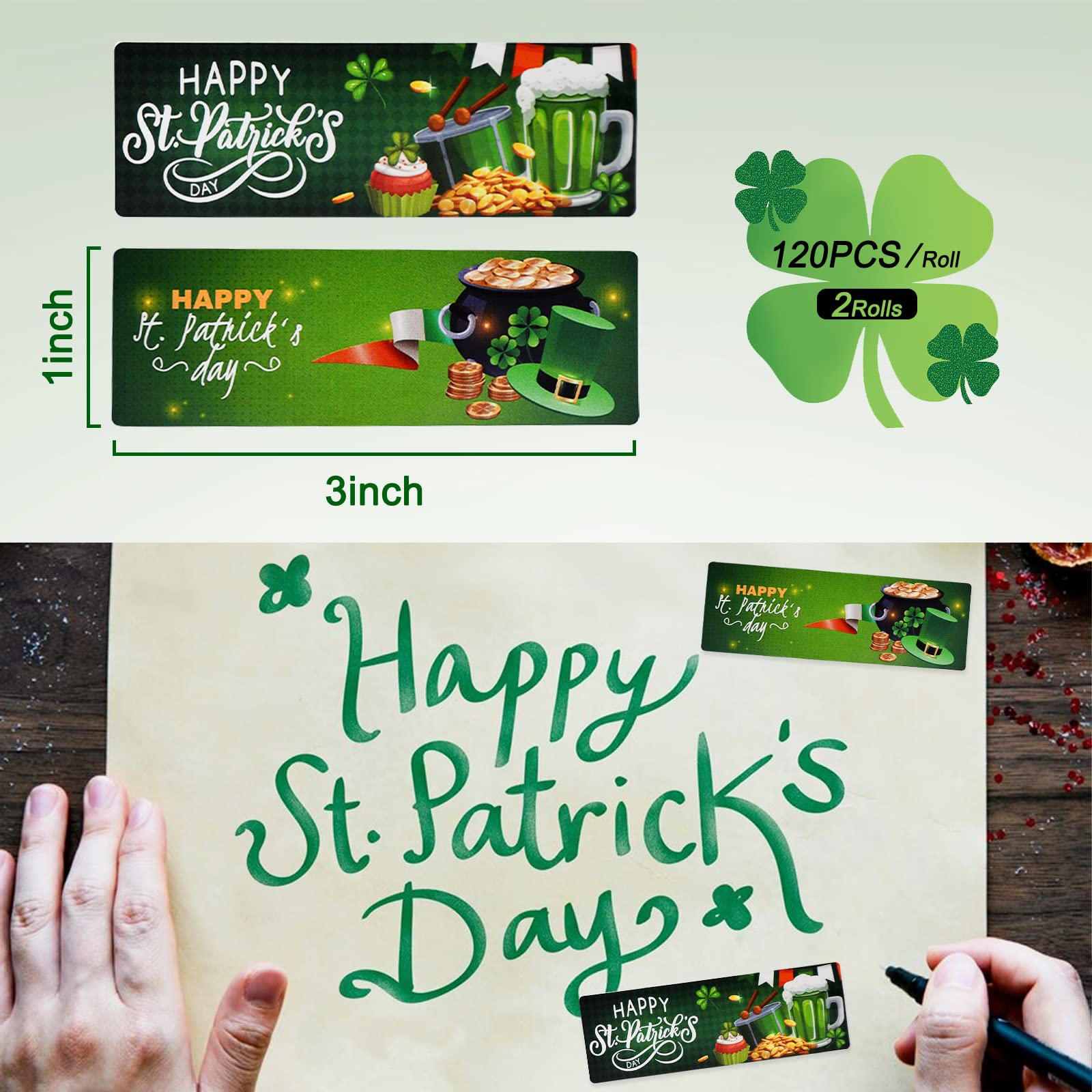 240 Pieces St Patrick's Day Stickers Roll - 2 Patterns 1 Inch Rectangle Green Lucky Stickers for Kids, Irish Self Adhesive Tag Seals Labels for St. Patrick's Day Party Bags Boxes Wrap Cards Bottles Decor
