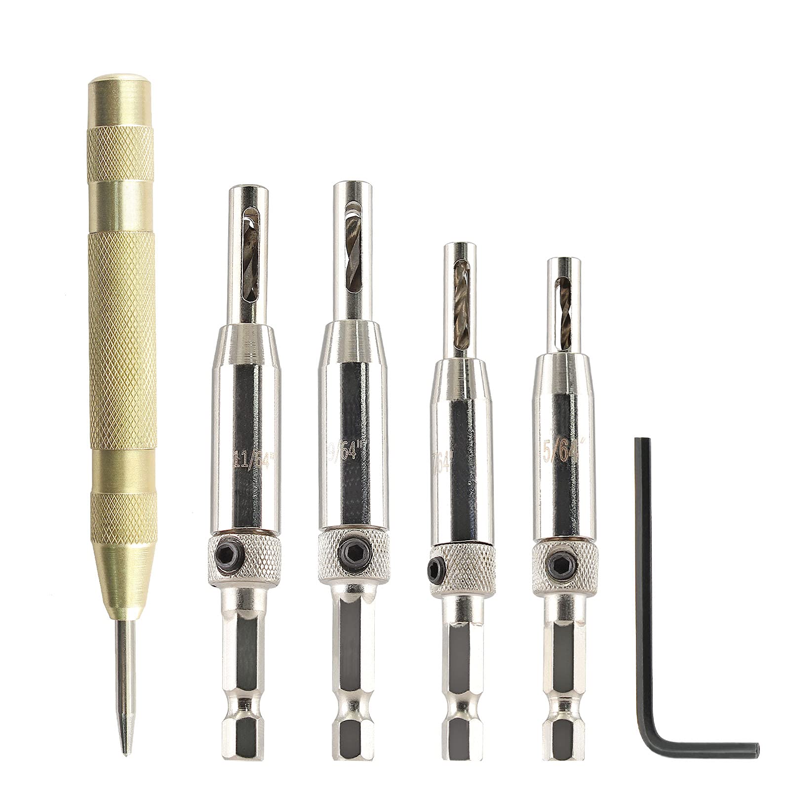 Lanzeuta 6pcs Self Centering Drill Bit Set with Automatic Center Punch & Hex Key, 1/4-Inch Hex Shank Hinge Center Drill Bit Core Hole Puncher for Woodworking, 5/64", 7/64", 9/64", 11/64"