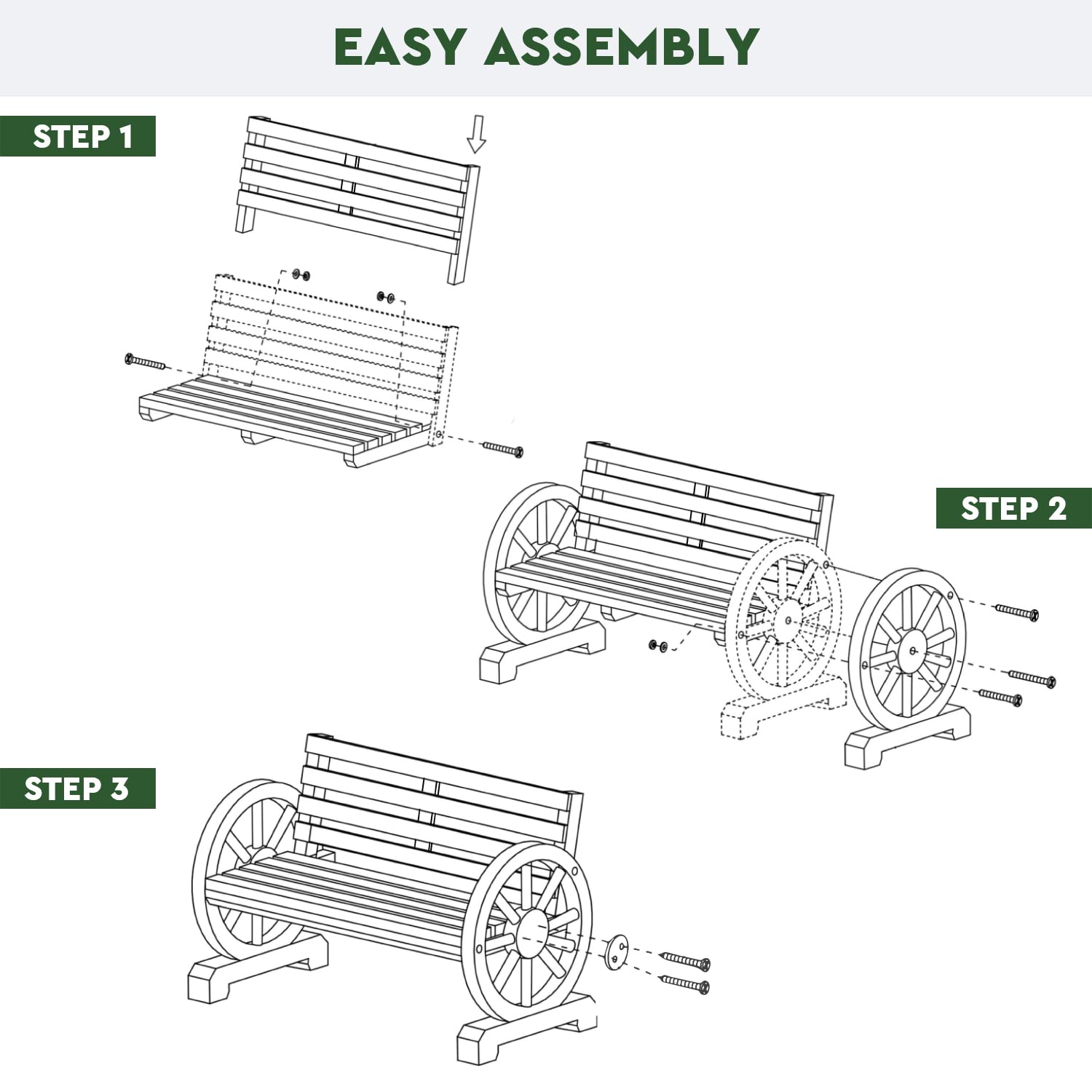 Mavalous Wagon Wheel Bench Outdoor, 2 Person Seat Rustic Wood Patio Benches with Backrest for Outdoor Brown