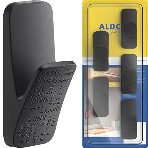 ALOCEO Sticky Hooks for Hanging 5 Pack, Plastic Adhesive Hooks Towel Hooks for Bathrooms Kitchen Dorm Room Wall, Black