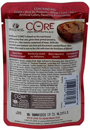 Wellness CORE Tiny Tasters Grain Free Cat Food 4 Flavor 8 Pouch Plus Catnip Toy Sampler Bundle, (2) Each: Duck, Tuna, Chicken, Chicken Beef, (1.75 Ounces)